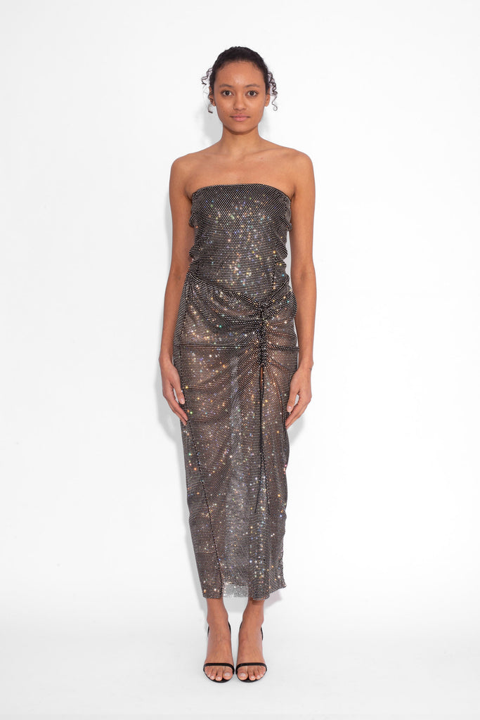 Crystal Embellished Fishnet Strapless Top in Black | KARIZMA